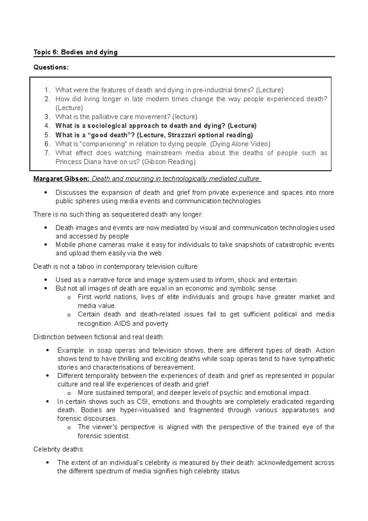 Topic 6 Bodies and dying - Topic 6: Bodies and dying Questions: What ...