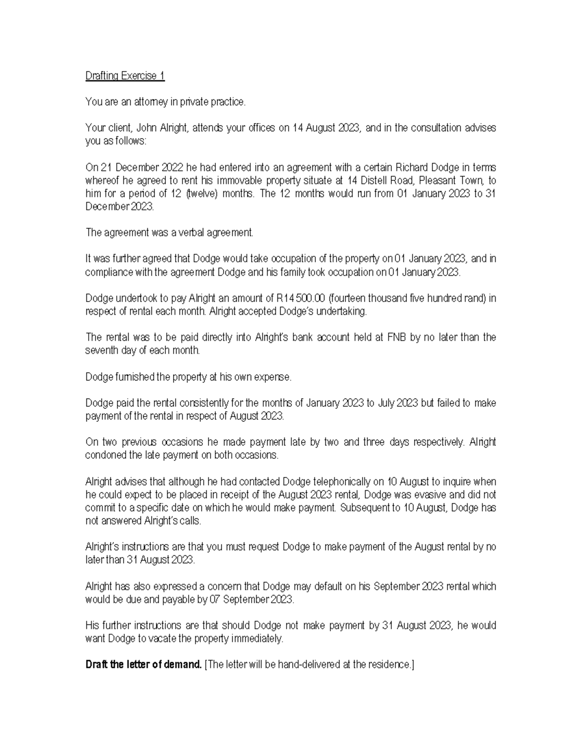 Clinical Law Drafting Exercise 1 - Drafting Exercise 1 You are an ...