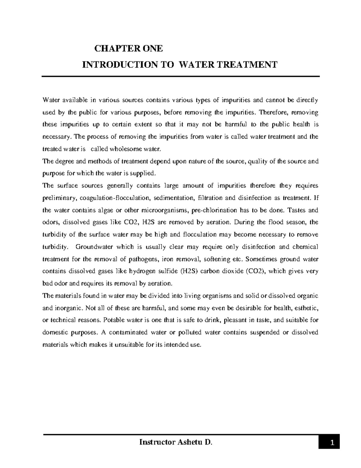 Water Treatment Note ( Chapter 1-7) - CHAPTER ONE INTRODUCTION TO WATER ...