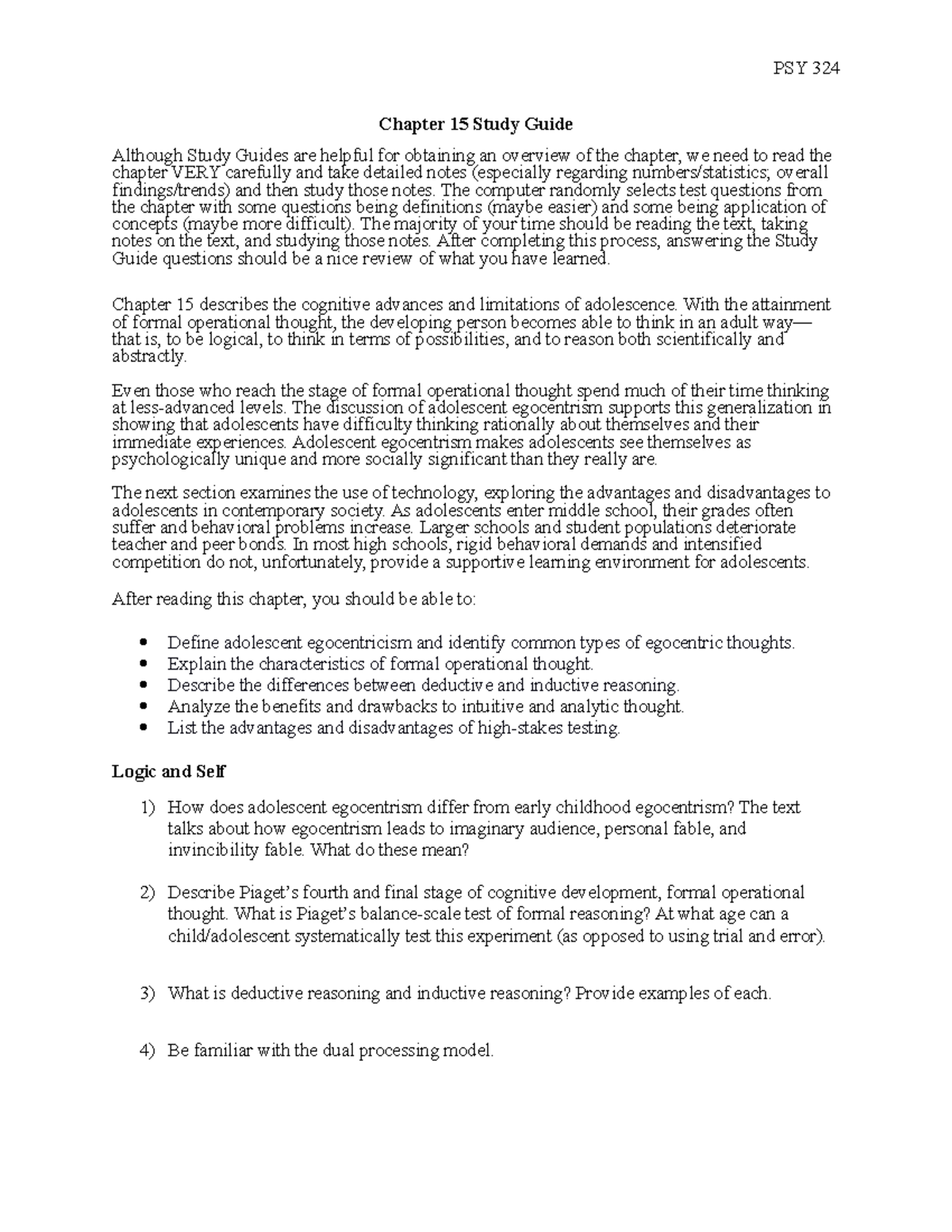 Chapter 15 Study Guide - PSY 324 Chapter 15 Study Guide Although Study Guides are helpful for ...