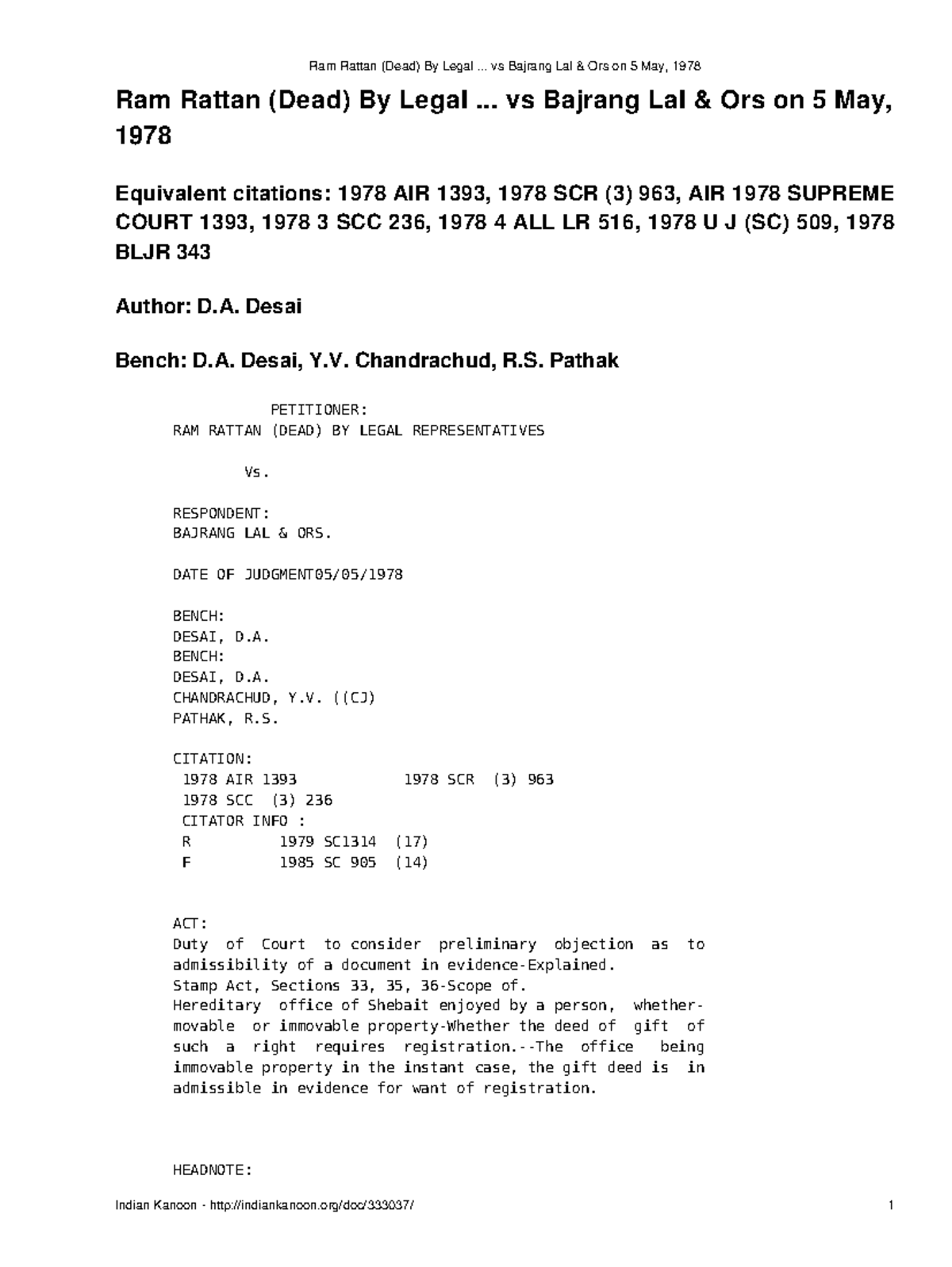 Ram Rattan Dead By Legal vs Bajrang Lal Ors on 5 May 1978 - Ram Rattan ...