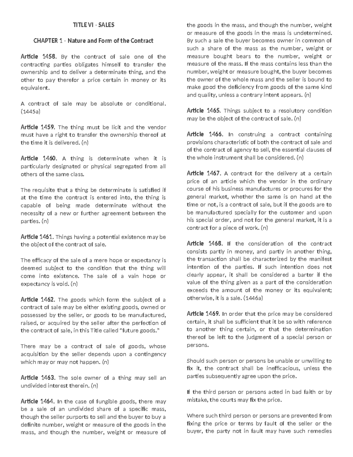 LAW ON Sales - Codals - TITLE VI - SALES CHAPTER 1 - Nature and Form of ...