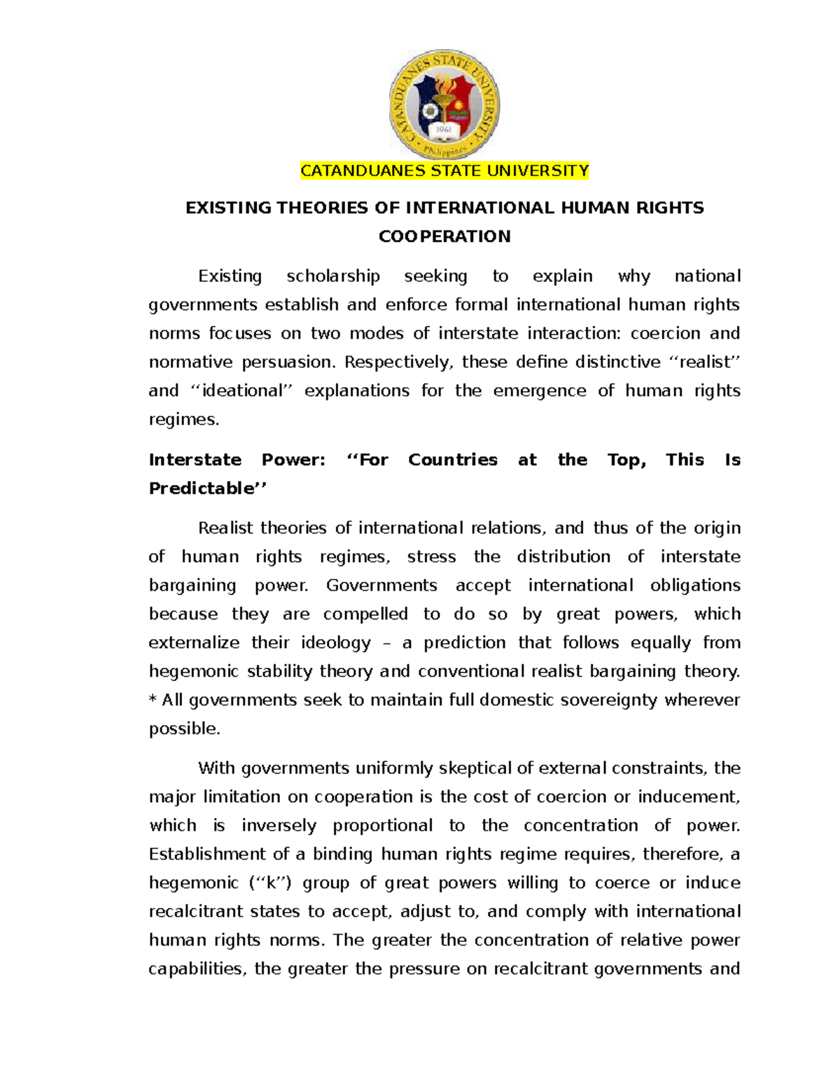Existing Theories OF International Human Rights Cooperation - EXISTING ...