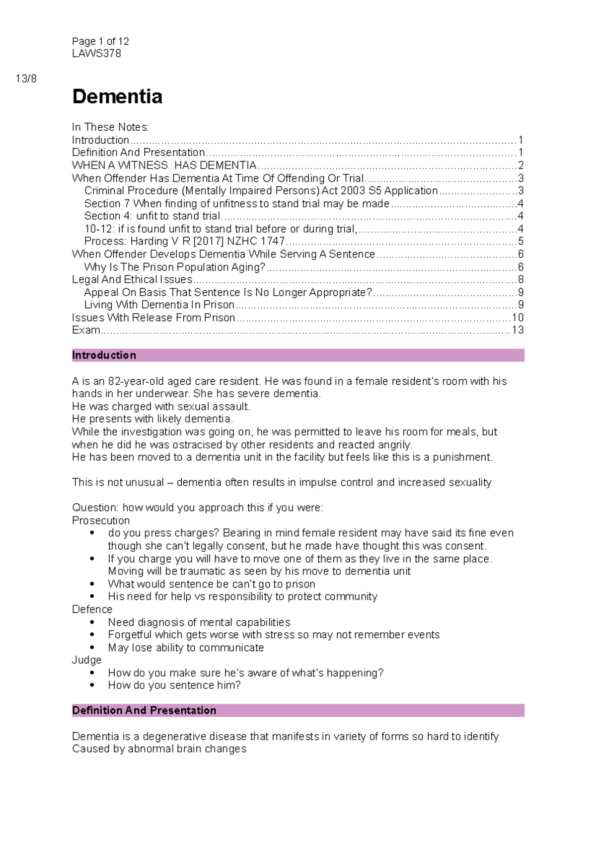 Dementia Notes - LAWS 13/ Dementia In These Notes: - Studocu