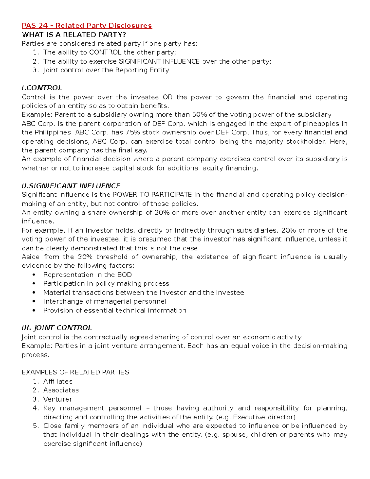 PAS 24 and 28 TSN - Lecture notes - PAS 24 – Related Party Disclosures ...