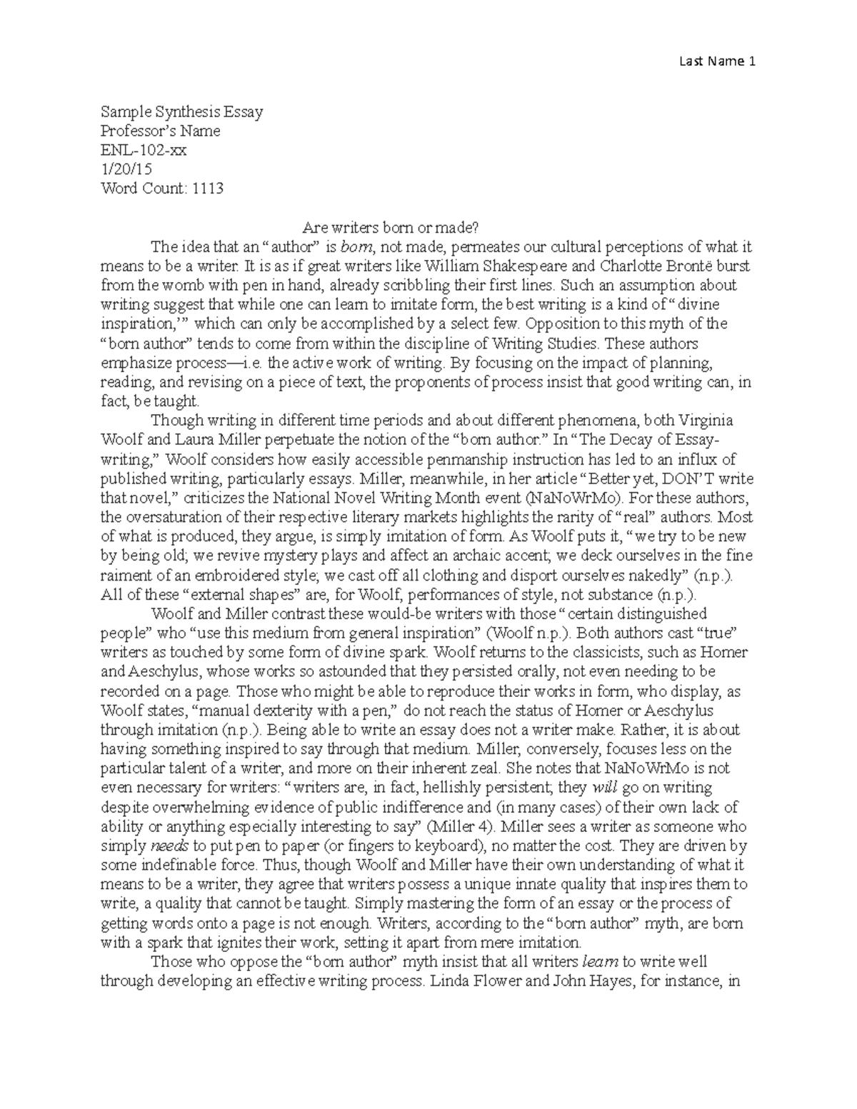 ENL 102 Sample Synthesis Essay - Last Name 1 Sample Synthesis Essay ...