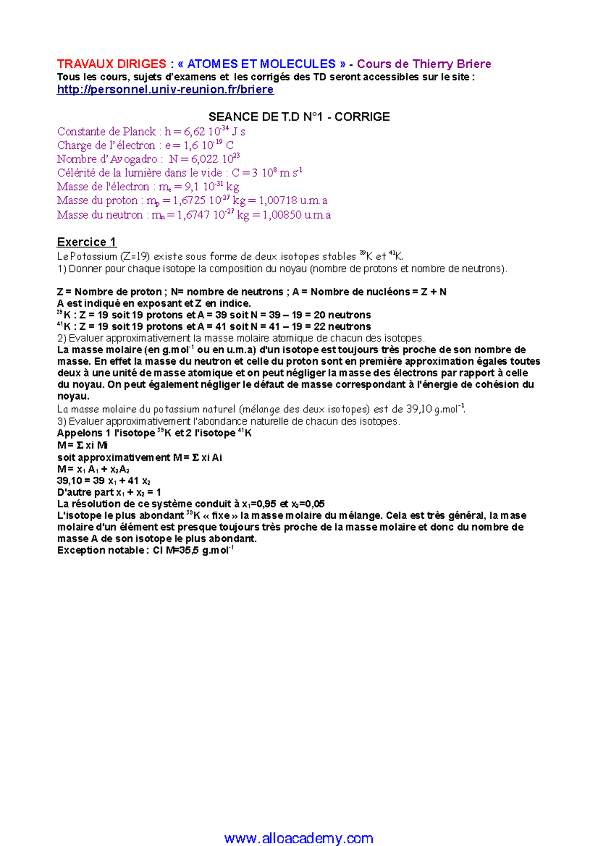 TD-1-Atomistique - TD-1-Atomistique - TRAVAUX DIRIGES : « ATOMES ET MOLECULES » - Cours de ...
