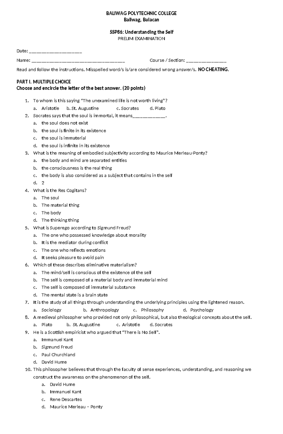 Preliminary Exam - Understanding the Self - BALIWAG POLYTECHNIC COLLEGE ...