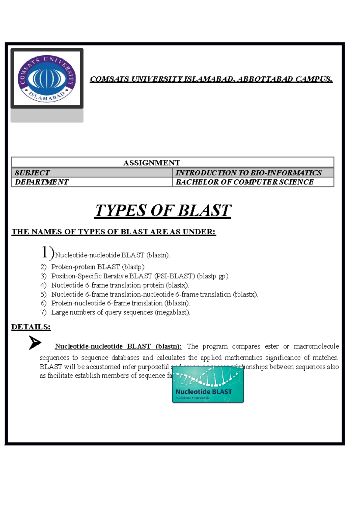 Bio Informatics 02(TYPES OF BLAST) - COMSATS UNIVERSITY ISLAMABAD ...