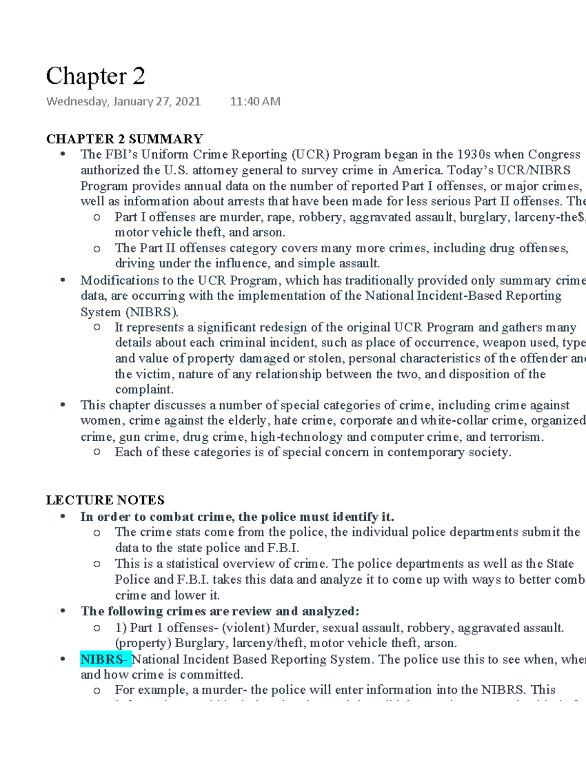 Chapter 2 - Lecture notes 2 - CHAPTER 2 SUMMARY The FBI’s Uniform Crime ...
