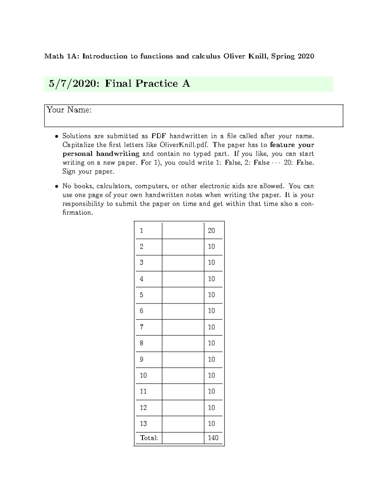 Solution 1 - Honors - Math 1A: Introduction to functions and calculus ...