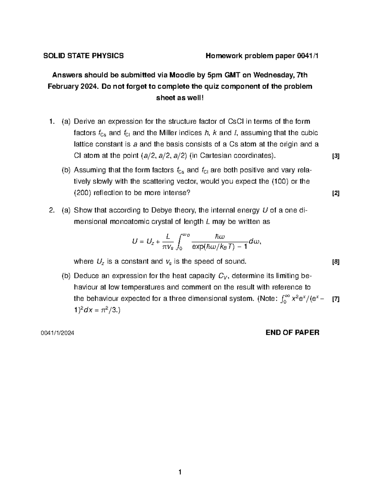 PS1 2024 - problem solving sheet 1 - SOLID STATE PHYSICS Homework problem paper 0041/ Answers ...
