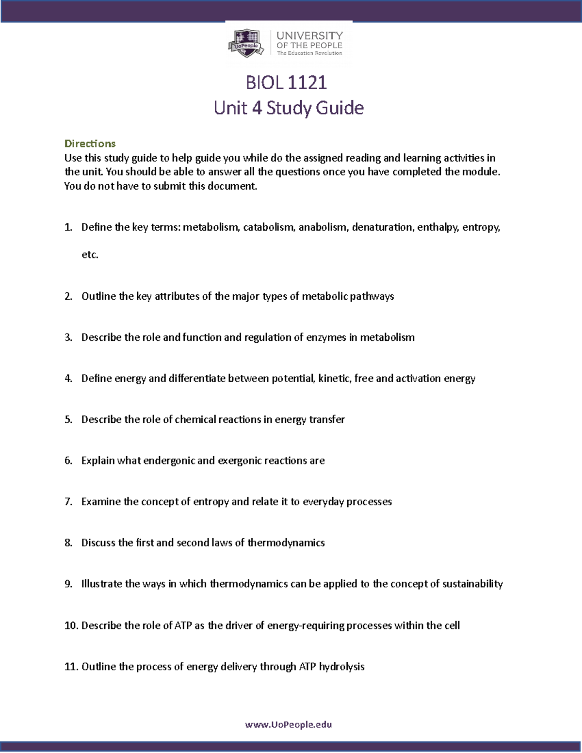 BIOL1121 Unit 4 Study Guide - BIOL 1121 Unit 4 Study Guide Directions Use this study guide to ...