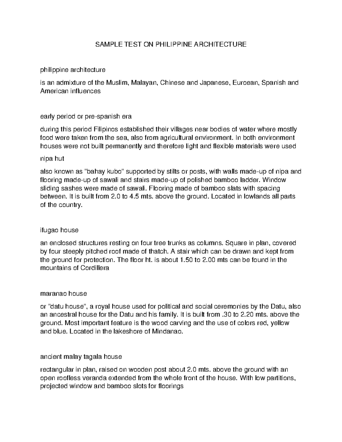 Sample TEST ON Philippine Architecture - SAMPLE TEST ON PHILIPPINE ...