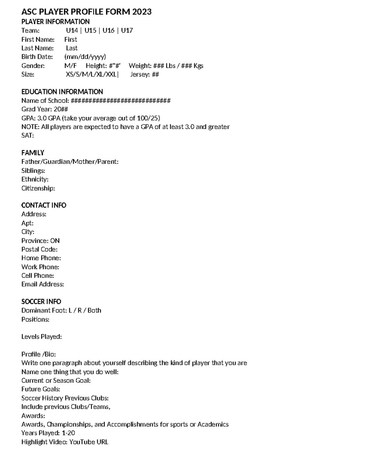 ASCPlayer Profiledocx - ASC PLAYER PROFILE FORM 2023 PLAYER INFORMATION ...