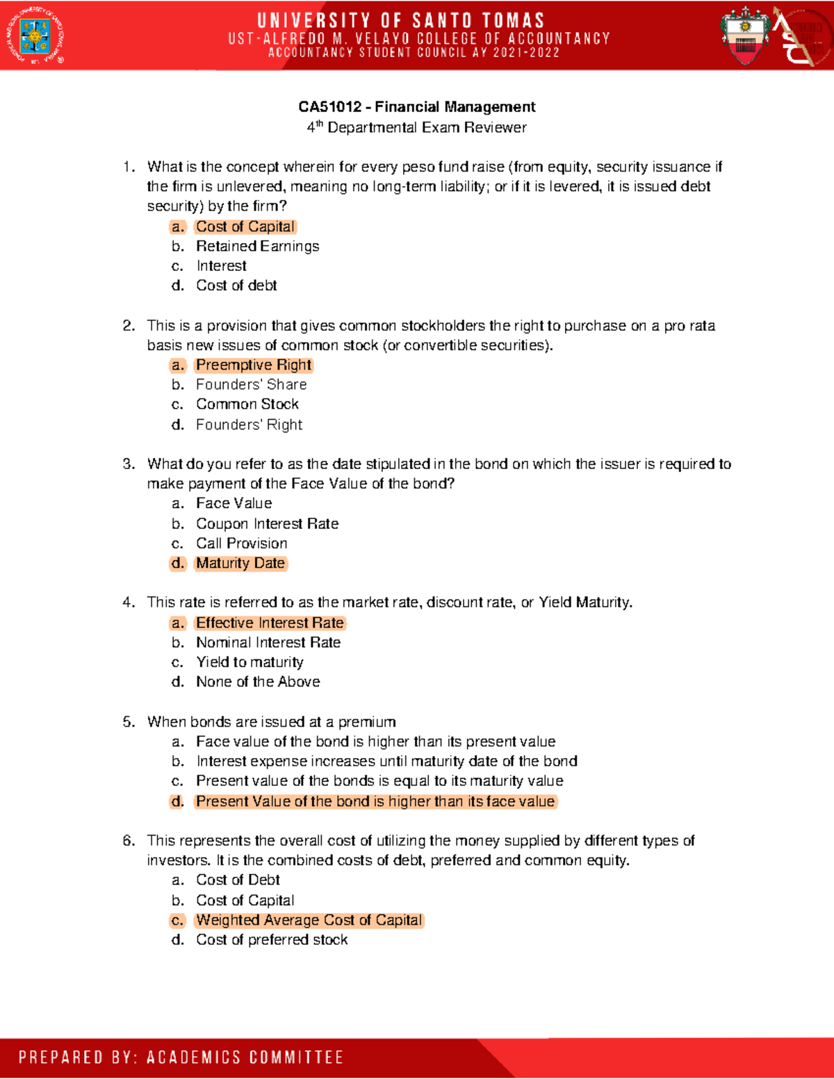 4TH Departmental Examination Reviewer Finman - CA51012 - Financial ...