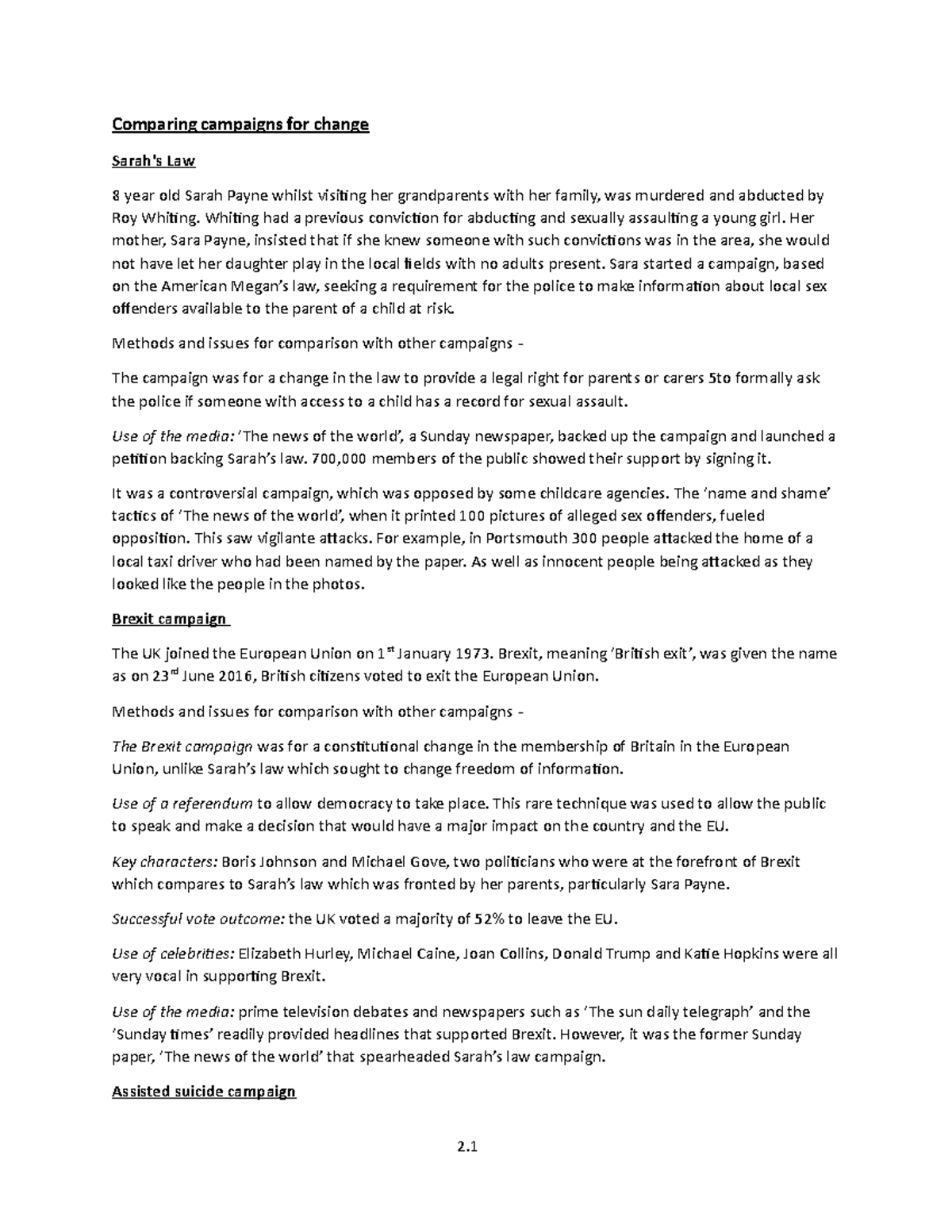 Comparing Campaigns for change - Comparing campaigns for change Sarah's ...
