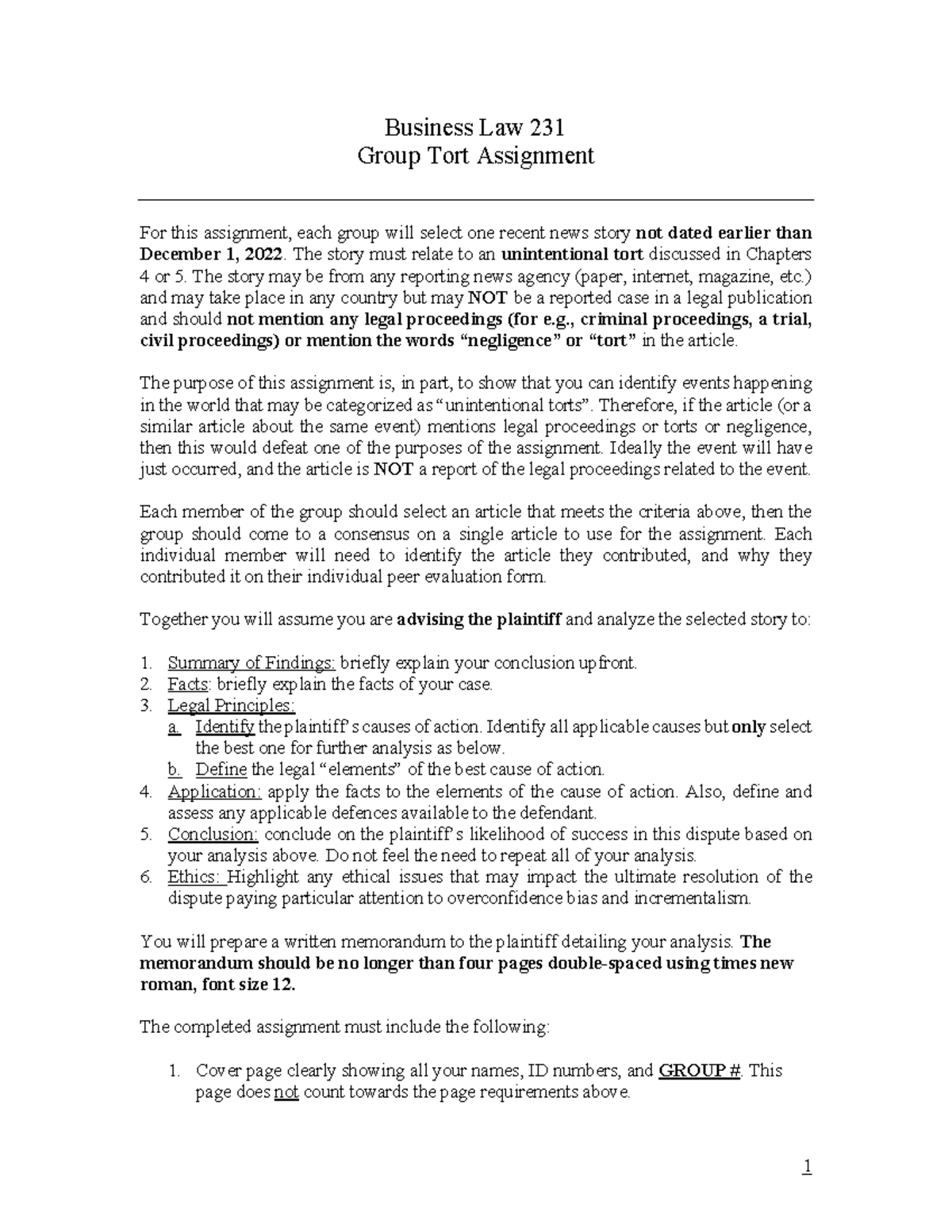 Group Assignment - 1 Business Law 231 Group Tort Assignment For this ...