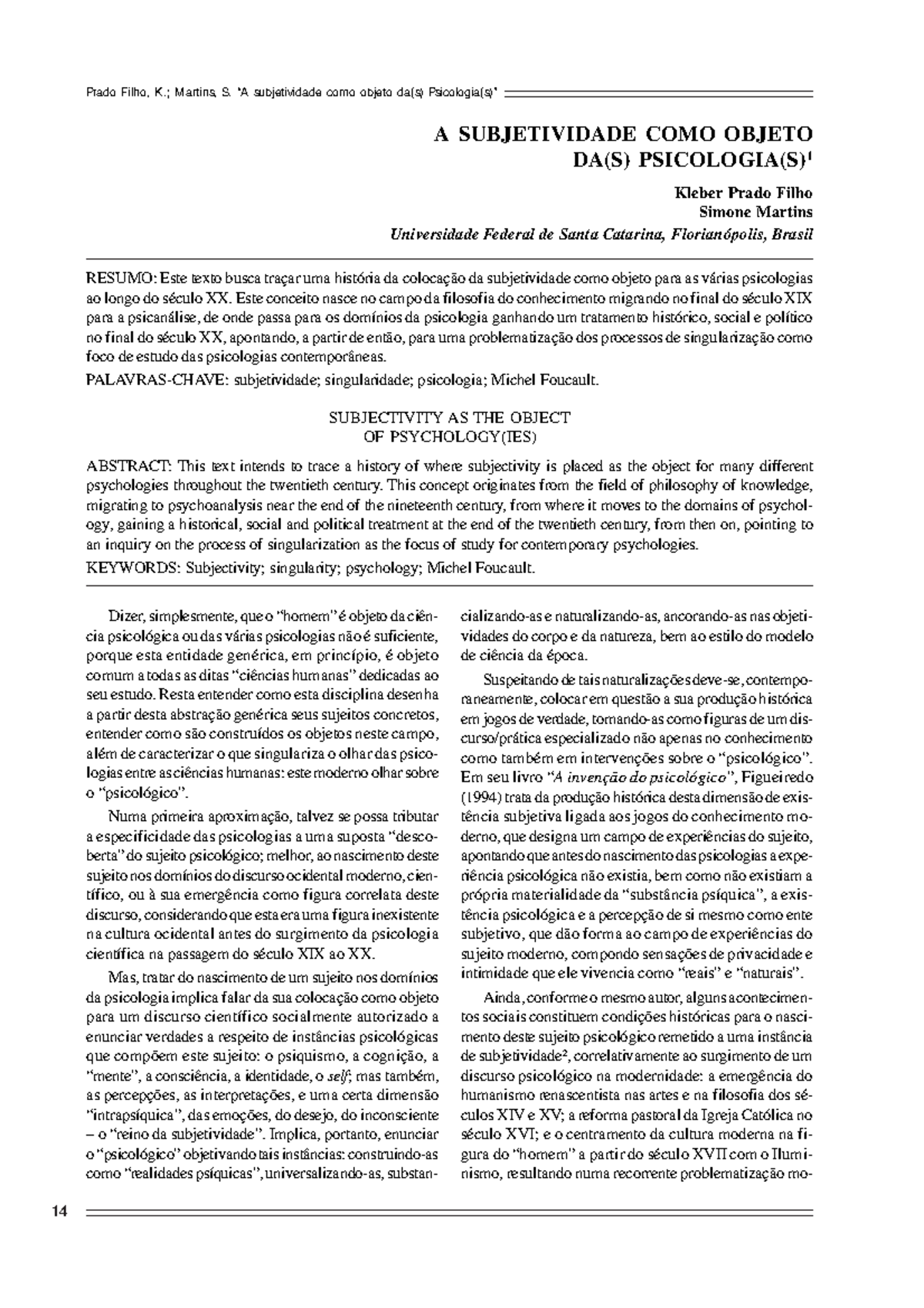A subjetividade como objeto da psicologia - Prado Filho, K.; Martins, S ...