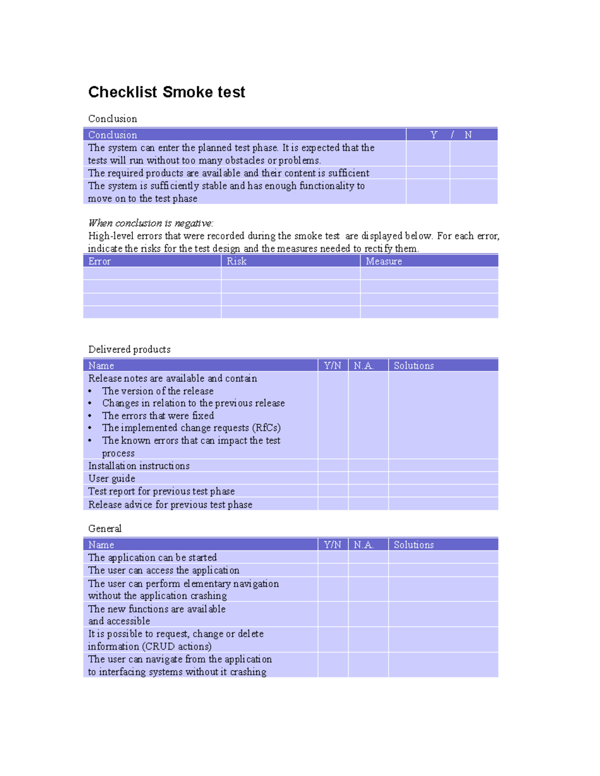 Smoke-test-checklist - Checklist Smoke test Conclusion Conclusion Y / N ...