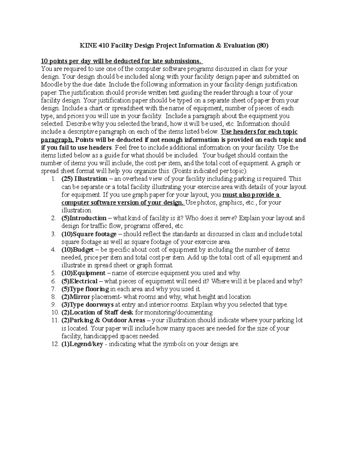 KINE 410 Design Project Evaluation Criteria - KINE 410 Facility Design ...
