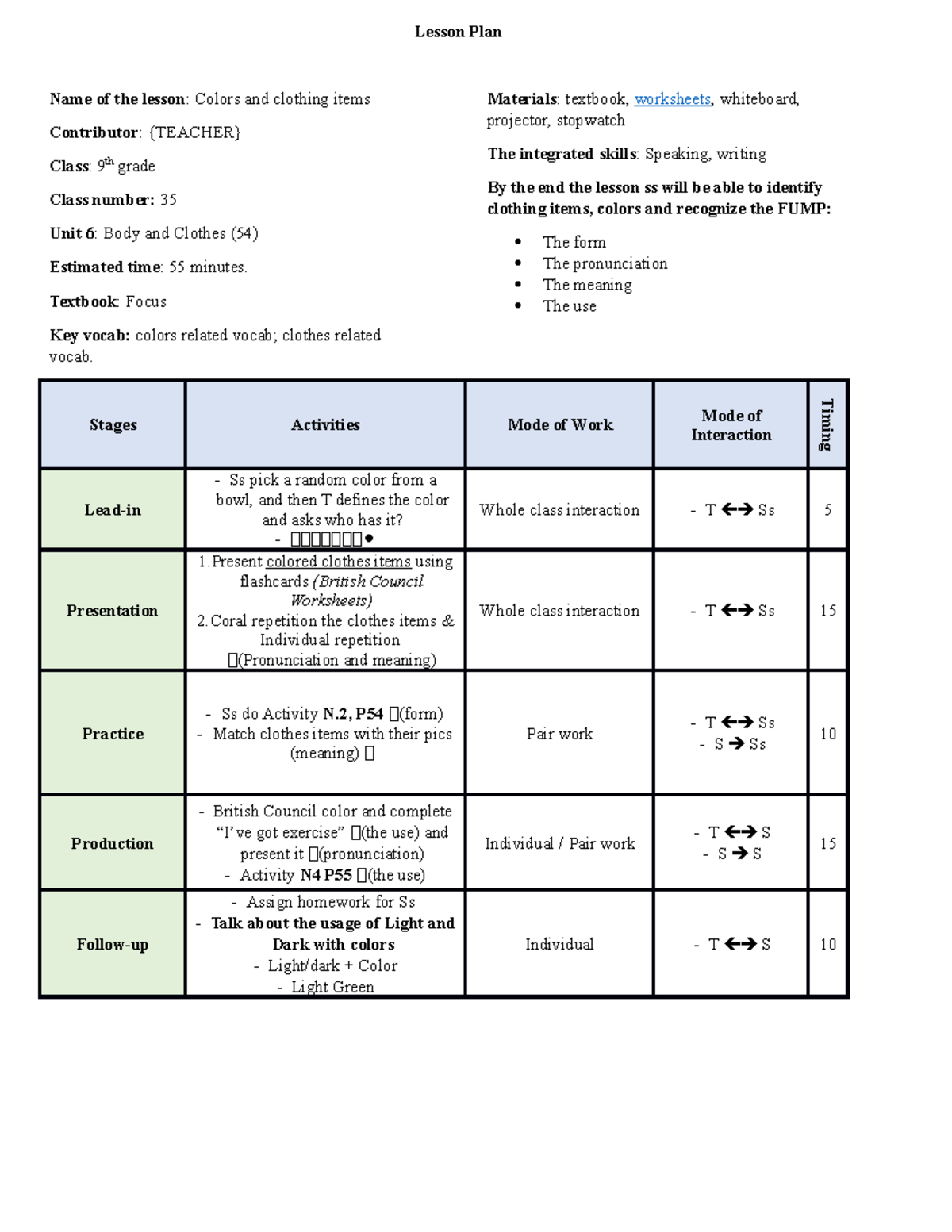 Planning Vocab - Lesson Plan Name of the lesson: Colors and clothing ...