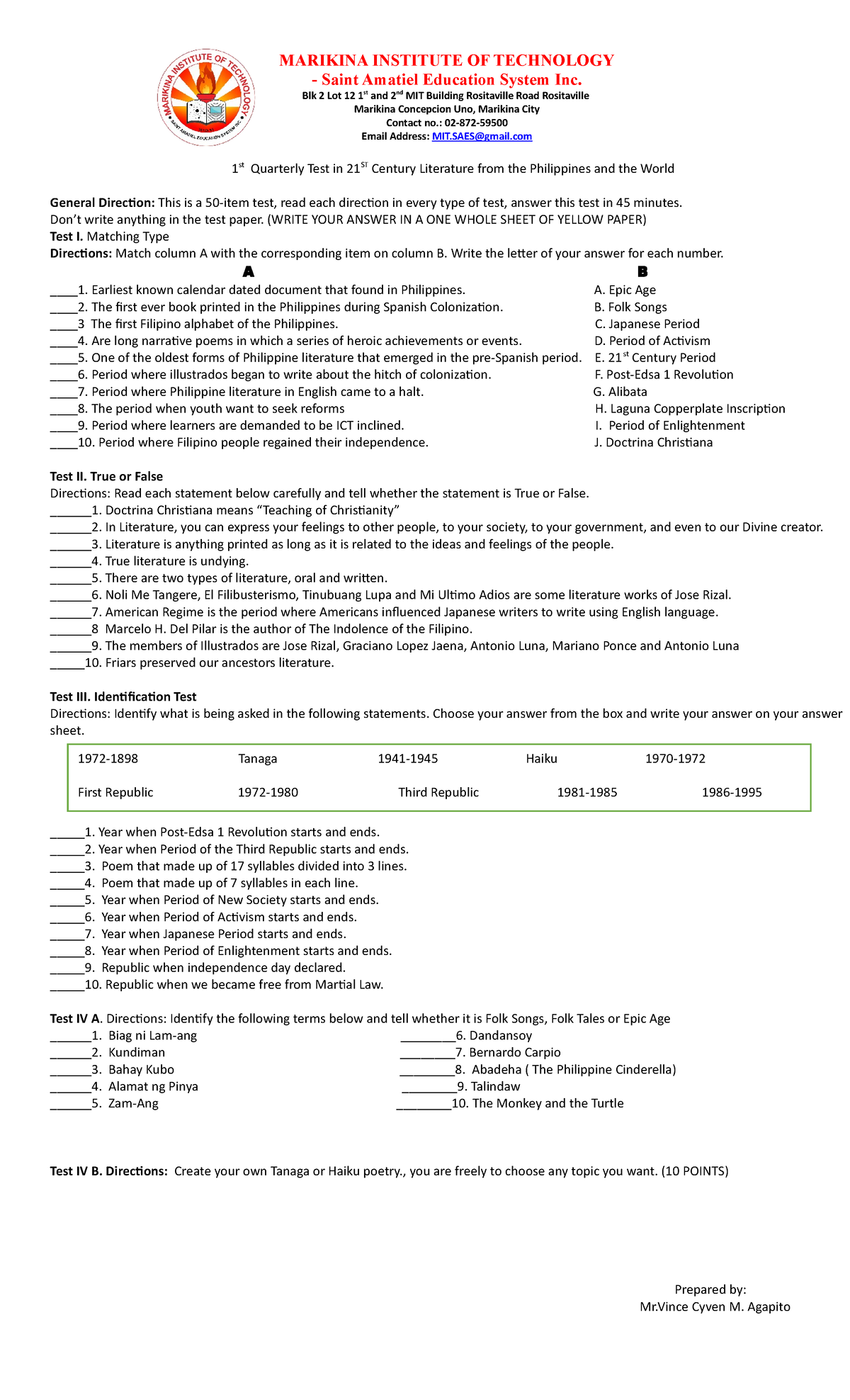 21st Century Examination - MARIKINA INSTITUTE OF TECHNOLOGY - Saint ...