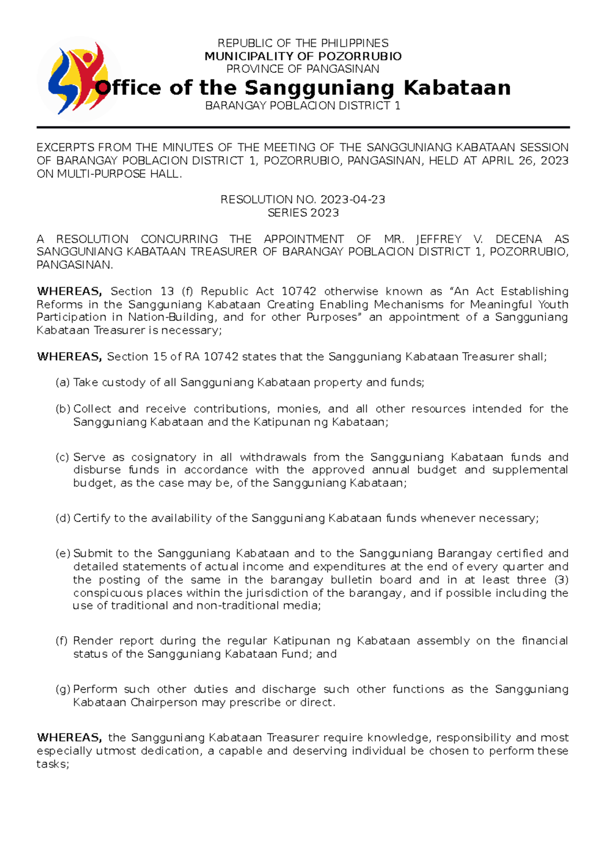 RESO Cuncurring SK Treas - REPUBLIC OF THE PHILIPPINES MUNICIPALITY OF ...