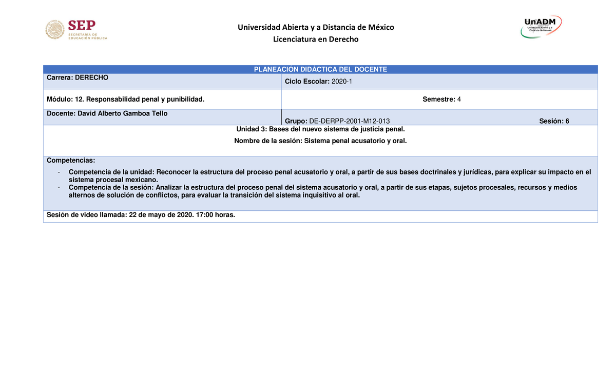 Planeación Didáctica Sesión 6 - Warning: TT: undefined function: 32 Licenciatura en Derecho ...