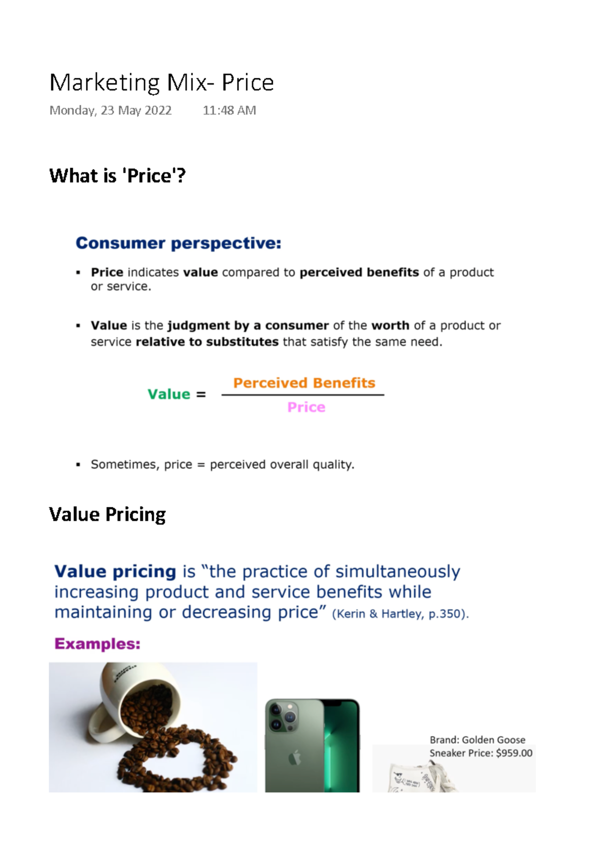 Marketing Mix- Price - FULL NOTES - What is 'Price'? Value Pricing ...