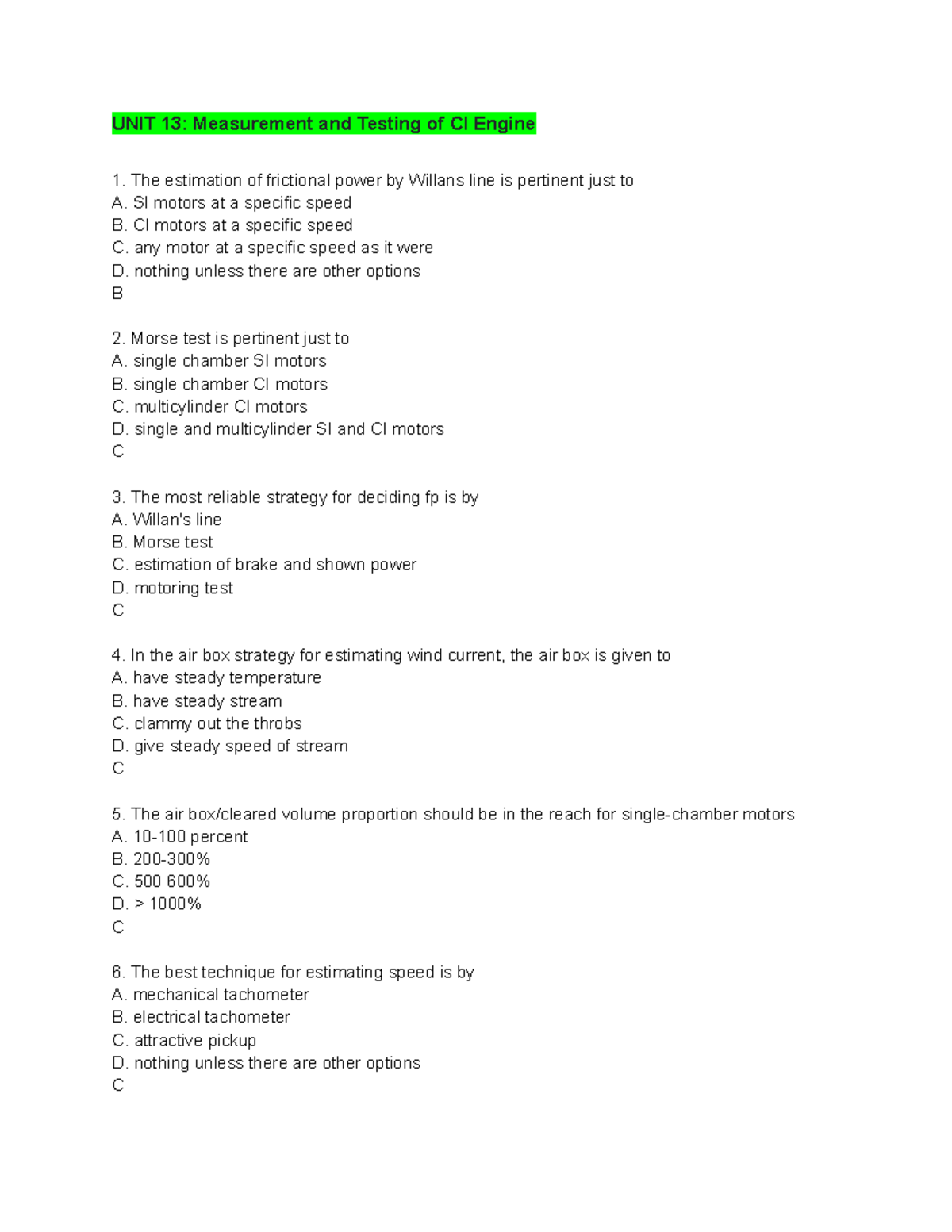 UNIT 13 Measurement and Testing of CI Engine - SI motors at a specific ...