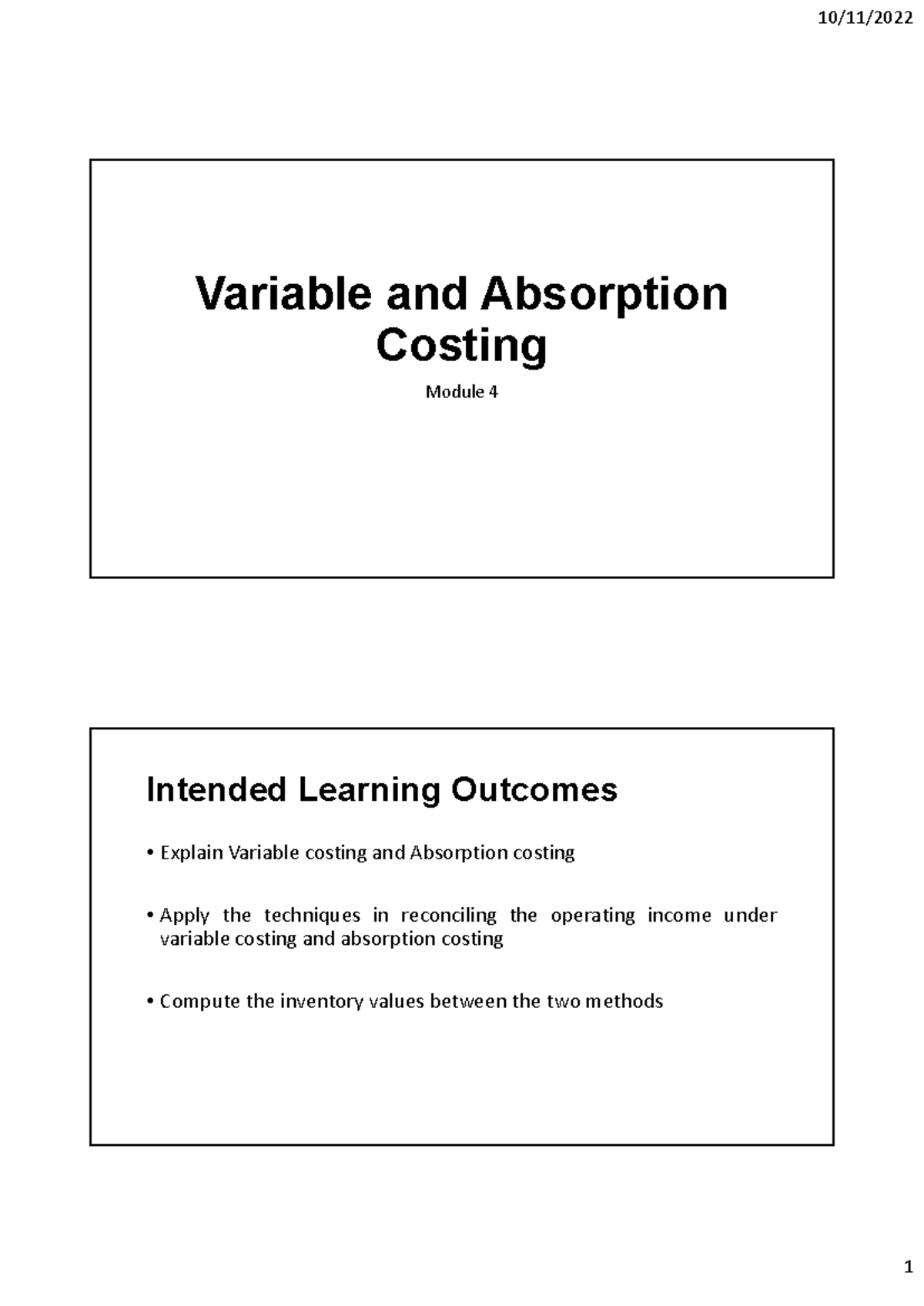 Module 4 - Variable and absorption costing - Variable and Absorption Costing Module 4 Intended ...