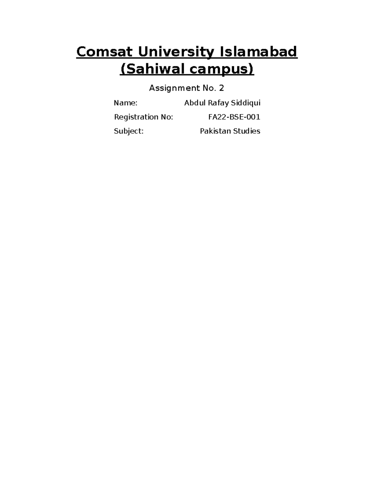 Assignment 2 Pakistan Studies - Comsat University Islamabad (Sahiwal campus) Assignment No. 2 ...