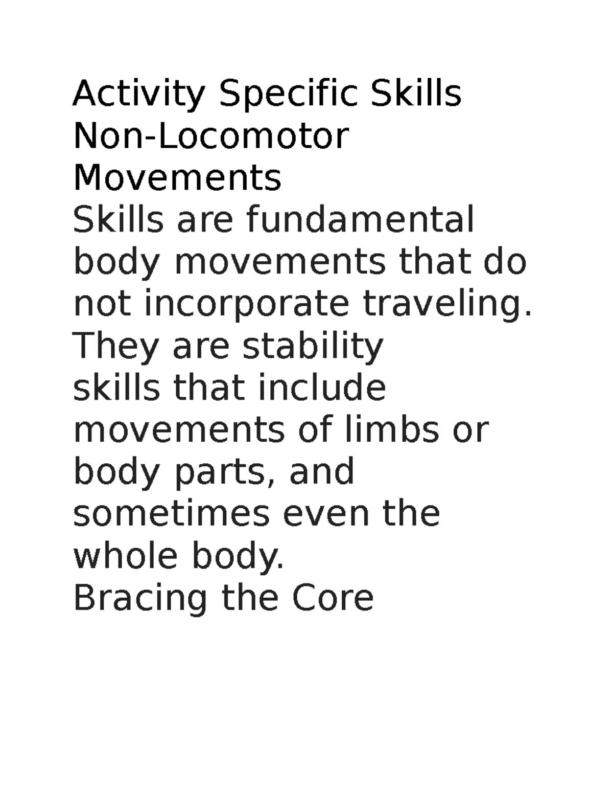 Activity Specific Skills - Activity Specific Skills Non-Locomotor ...