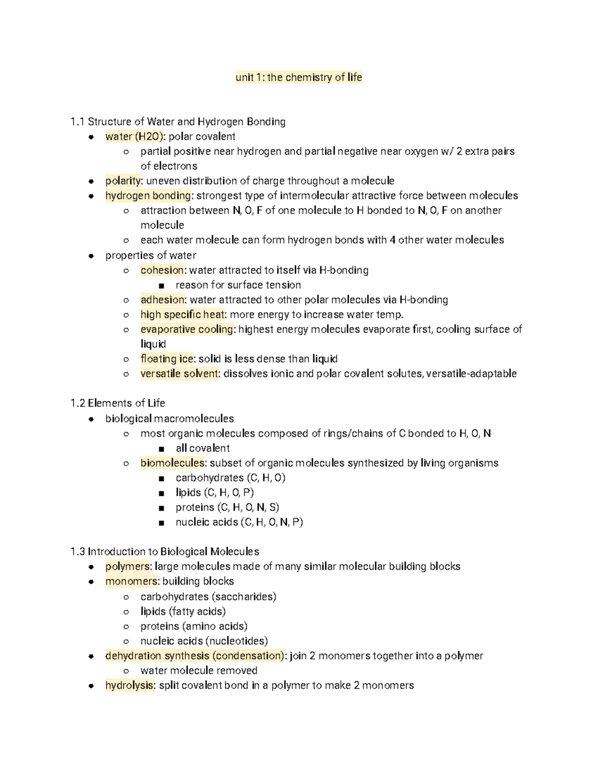 Unit 1 the chemistry of life - unit 1: the chemistry of life 1 ...