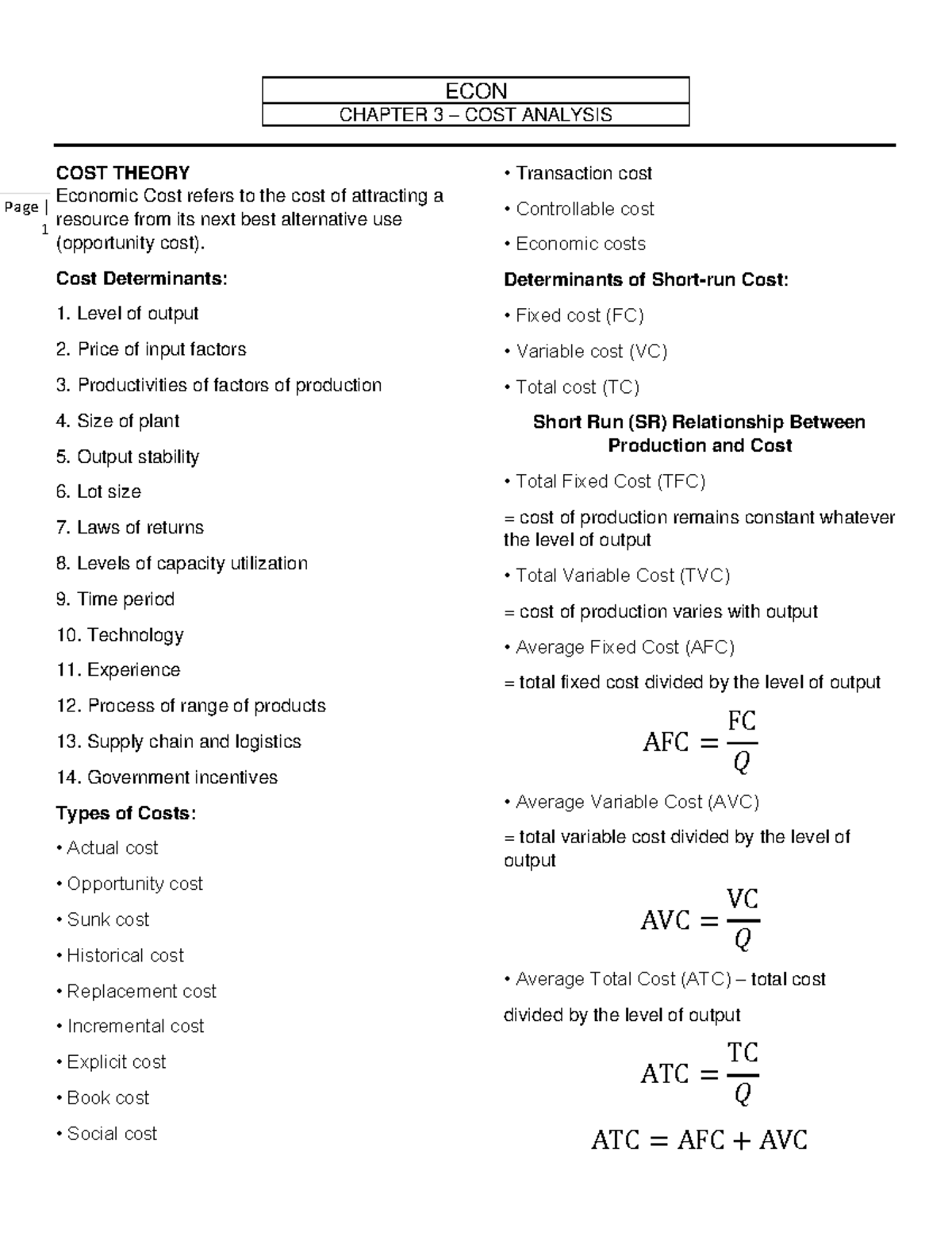 Econ-ppt-notes - econ lecture notes - Page | 1 ECON CHAPTER 3 – COST ...