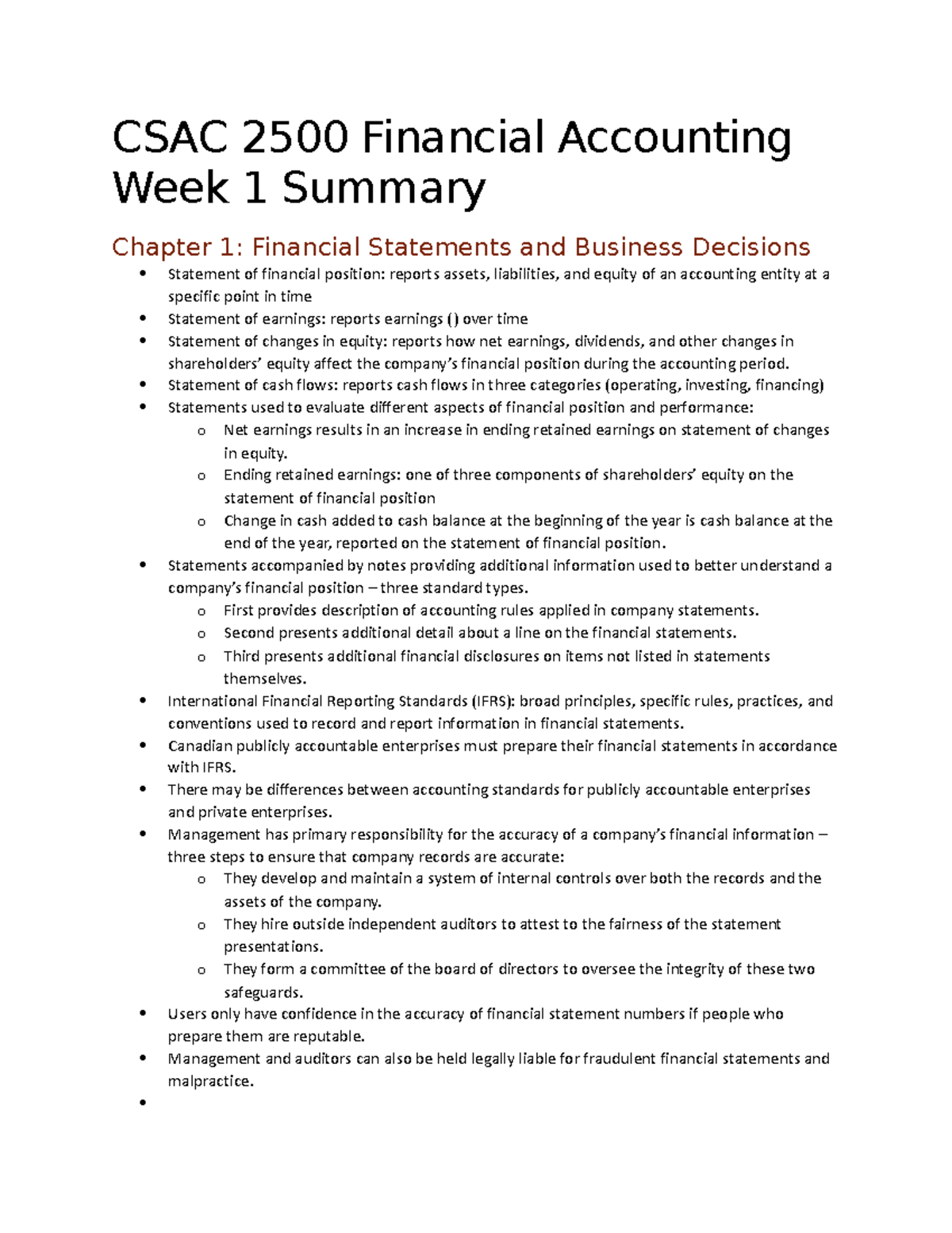 CSAC 2500 Financial Accounting Week 1 Summary - CSAC 2500 Financial ...