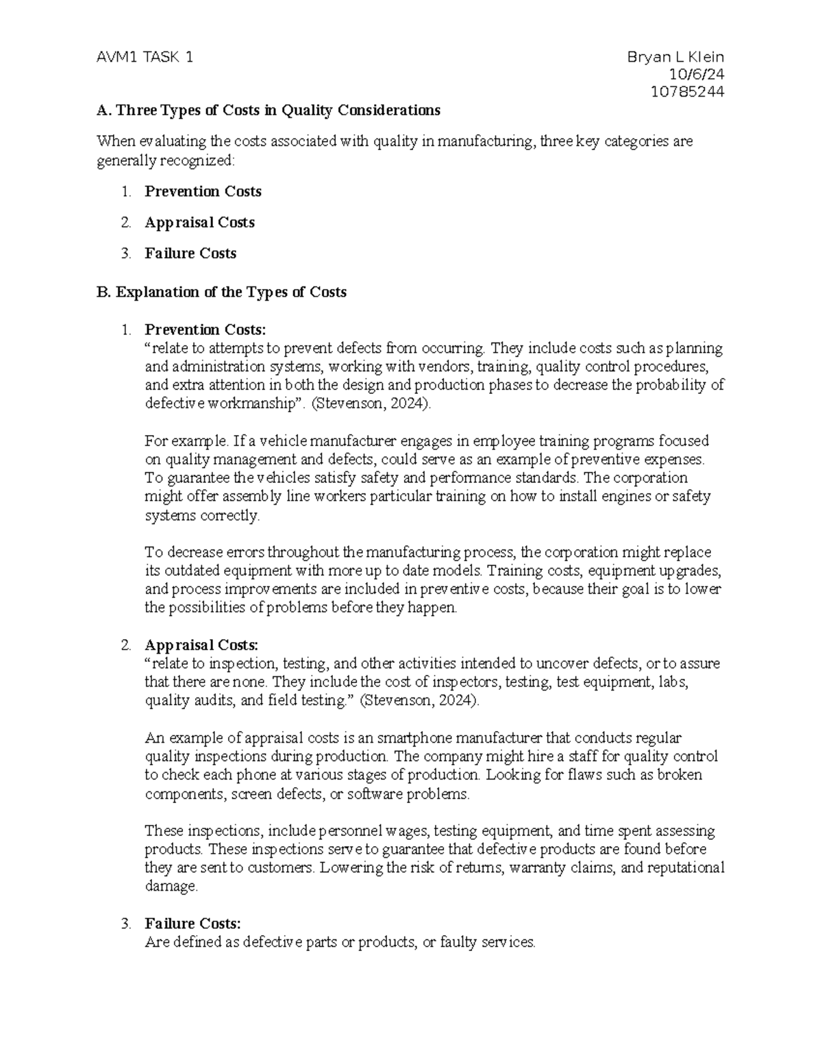 AVM1 TASK 1 - task 1 - AVM1 TASK 1 Bryan L Klein 10/6/ 10785244 A ...