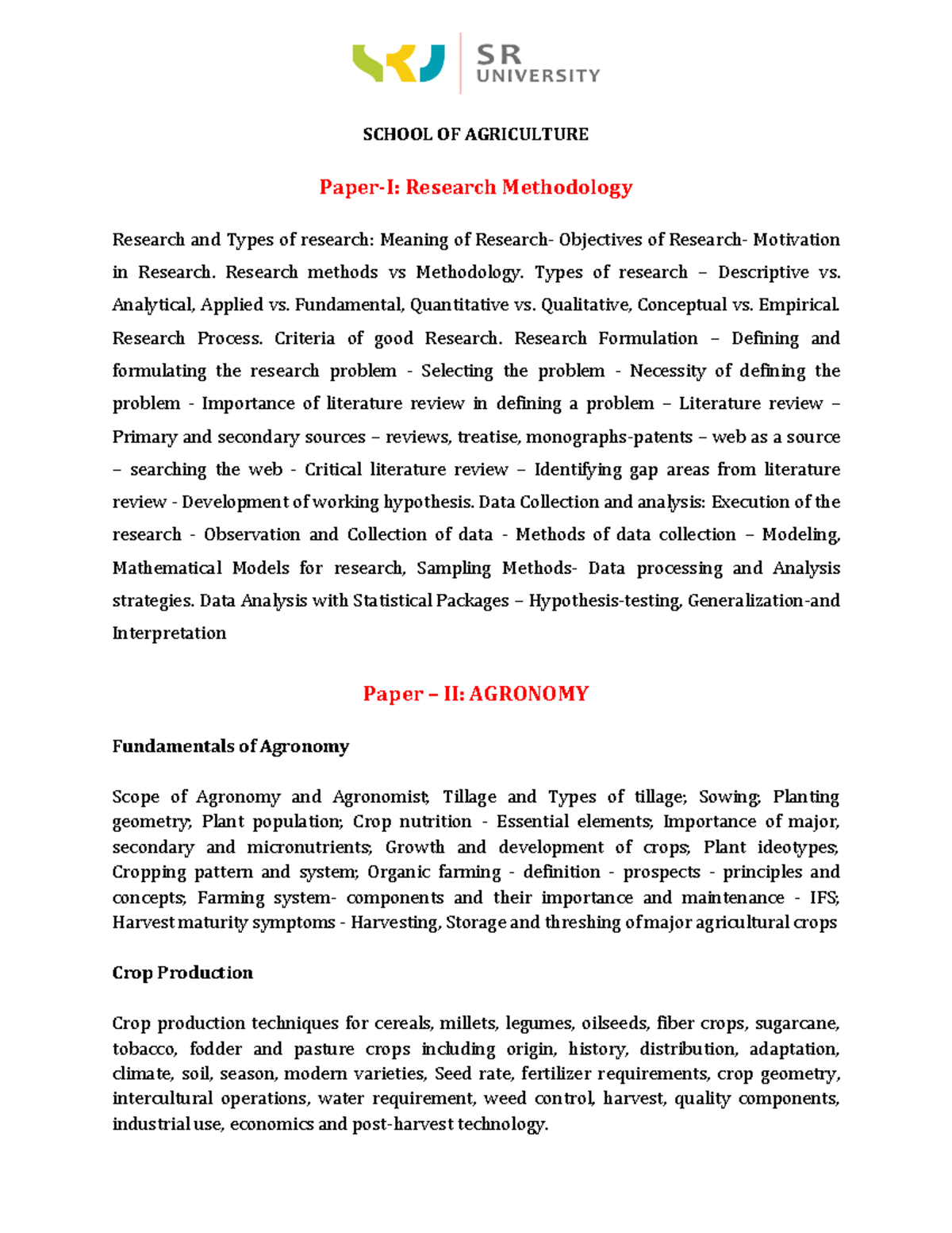 So A-Ph - Agronomy - SCHOOL OF AGRICULTURE Paper-I: Research ...