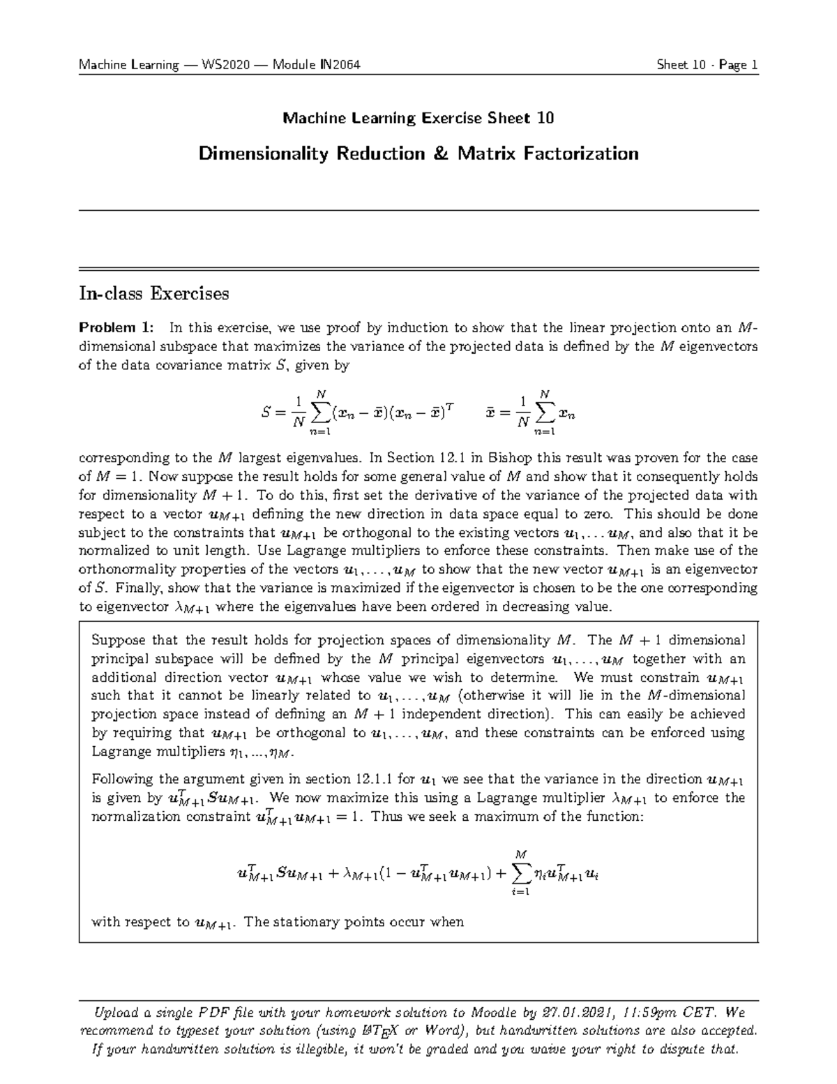 Exercise solution inclass 10 dim reduction - Machine Learning — WS2020 — Module IN2064 Sheet 10 ...