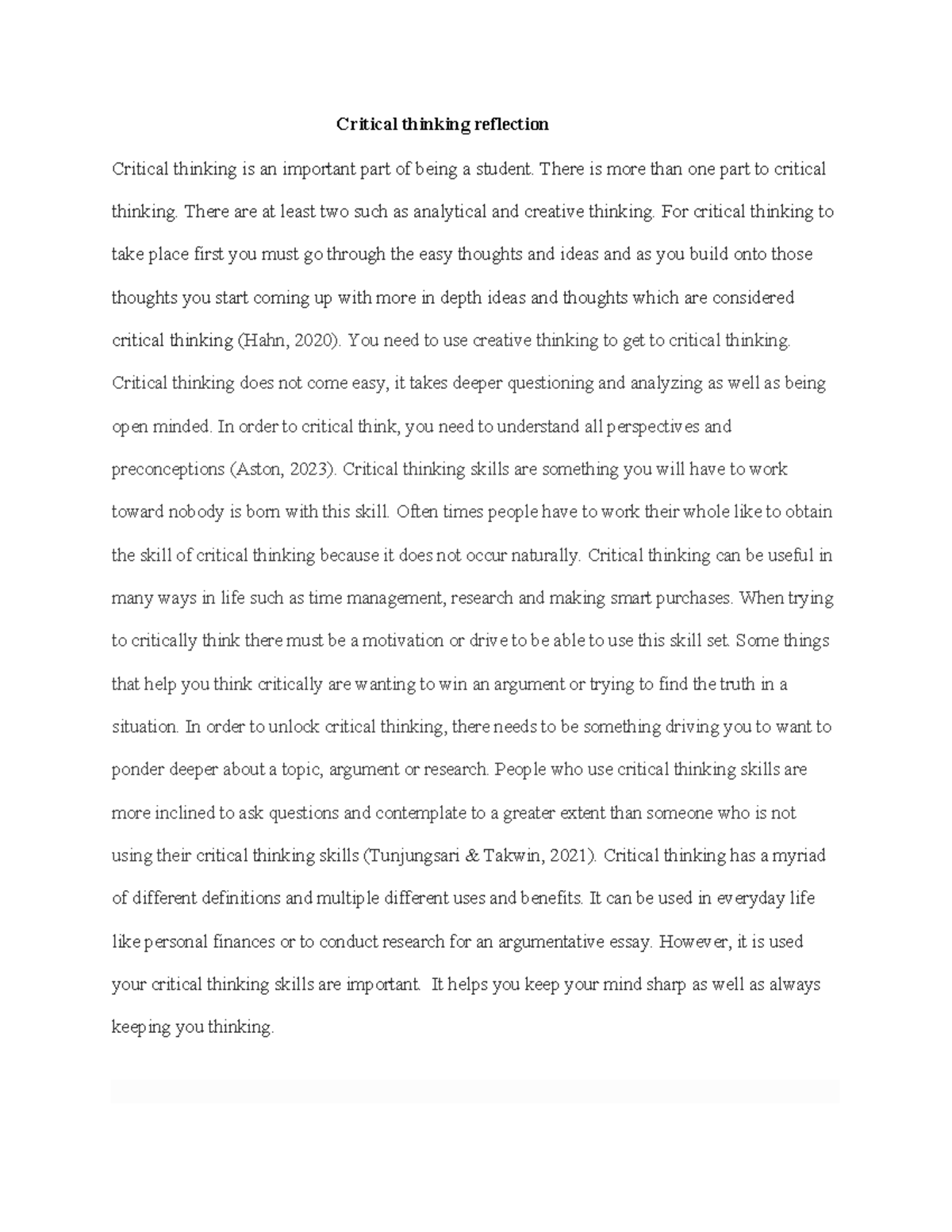Critical thinking reflection - Critical thinking reflection Critical ...