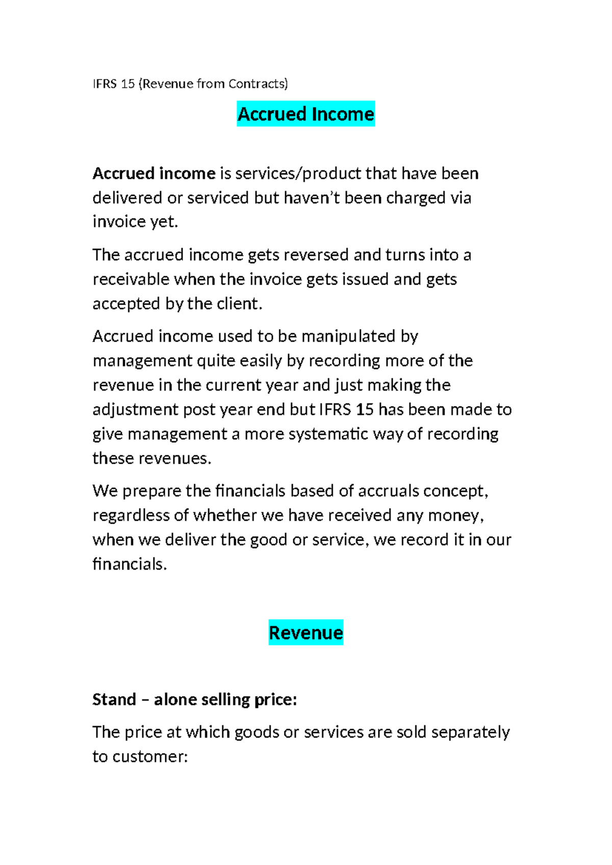 IFRS 15 - Summary Finance & Managerial Accounting - IFRS 15 (Revenue ...