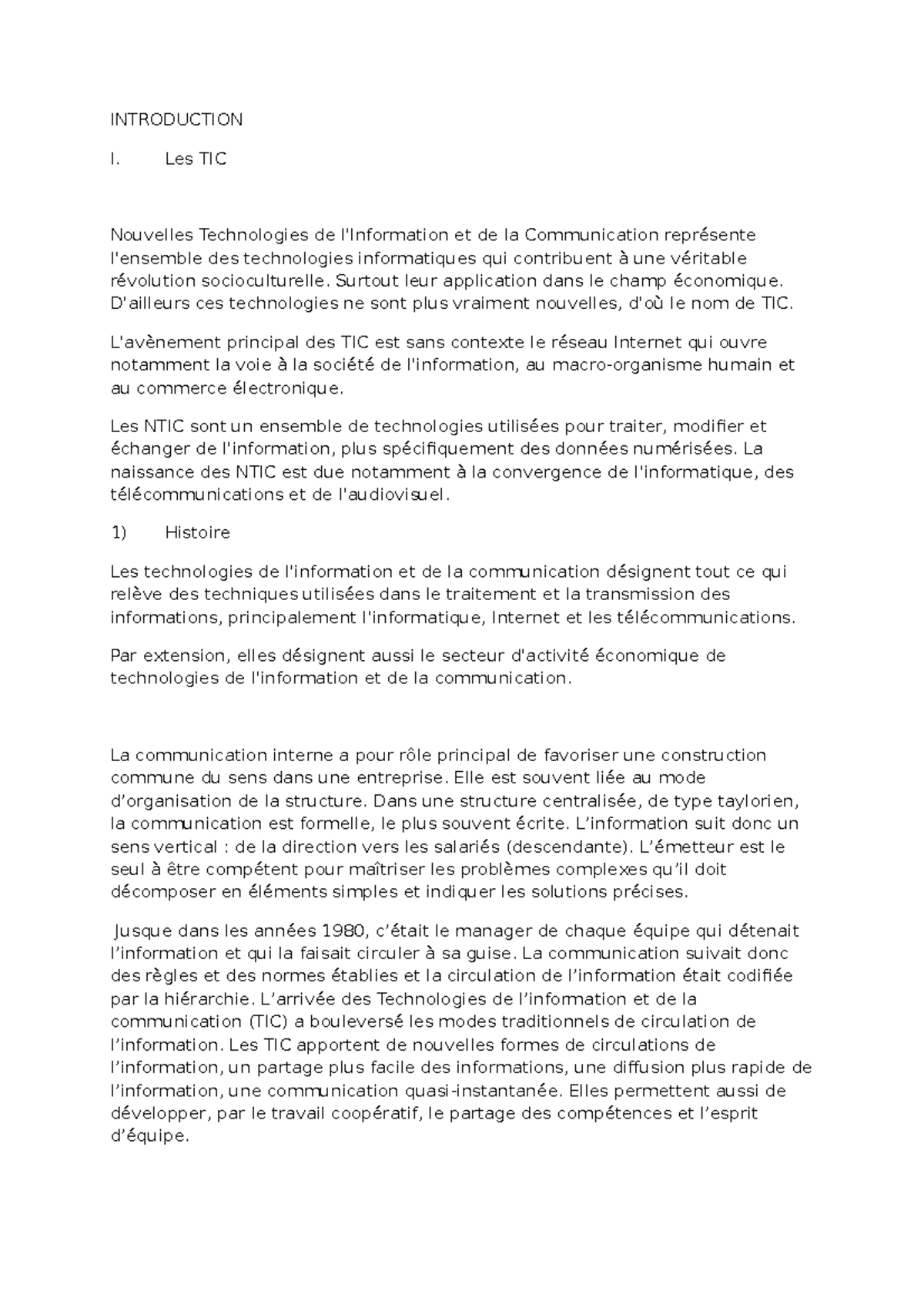 تكنولوجيا المعلومات - INTRODUCTION I. Les TIC Nouvelles Technologies de ...