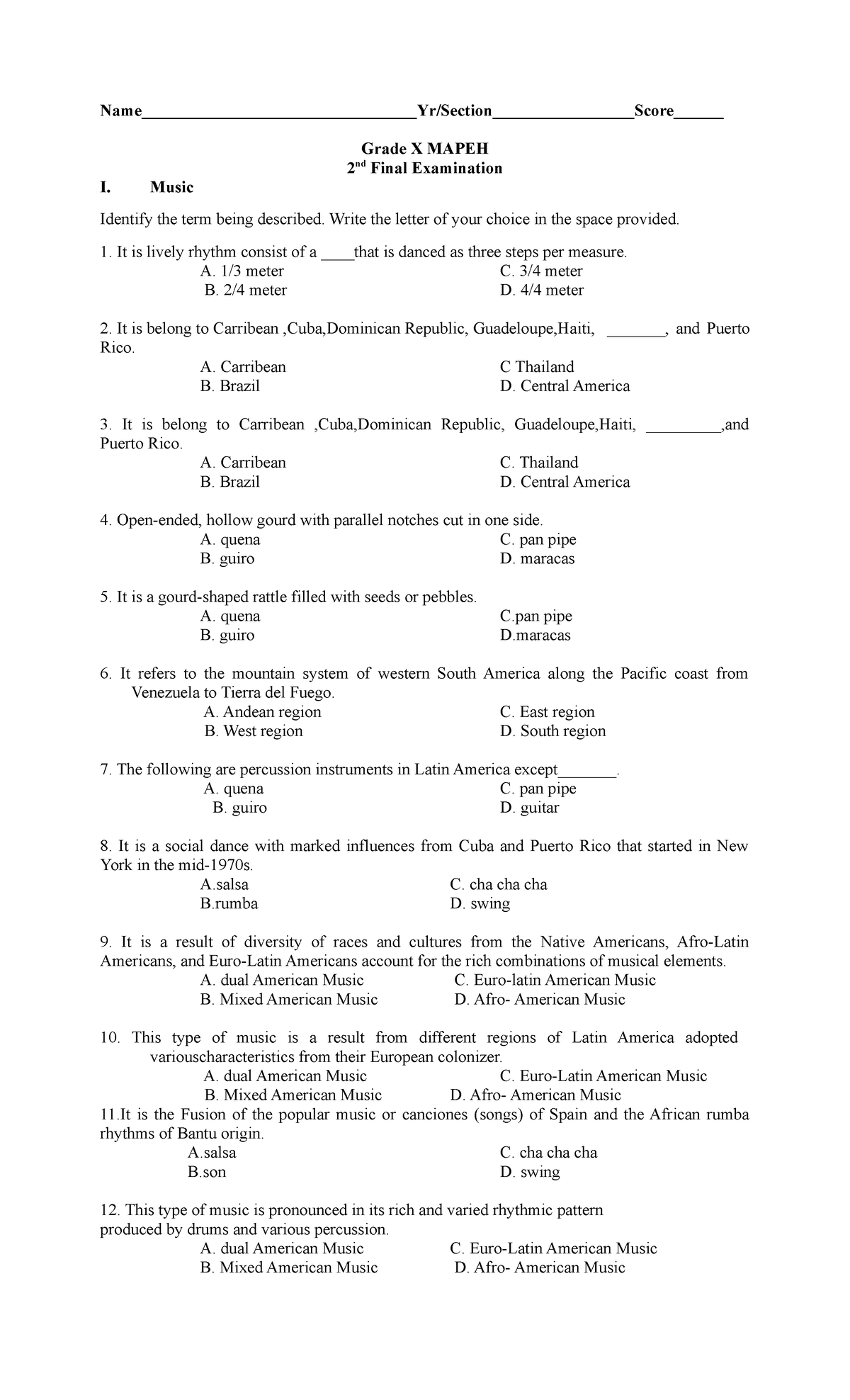 Mapeh 10 Final EXAM - for school purposes - - Studocu