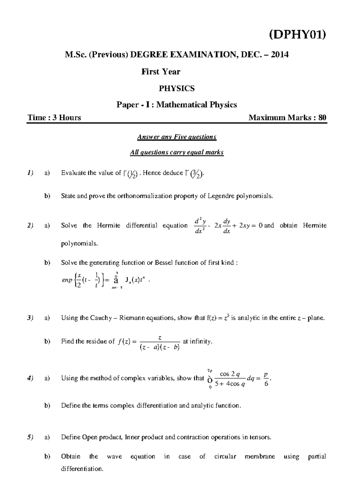 Exam 1 December 2014, questions - (DPHY01) M. (Previous) DEGREE ...