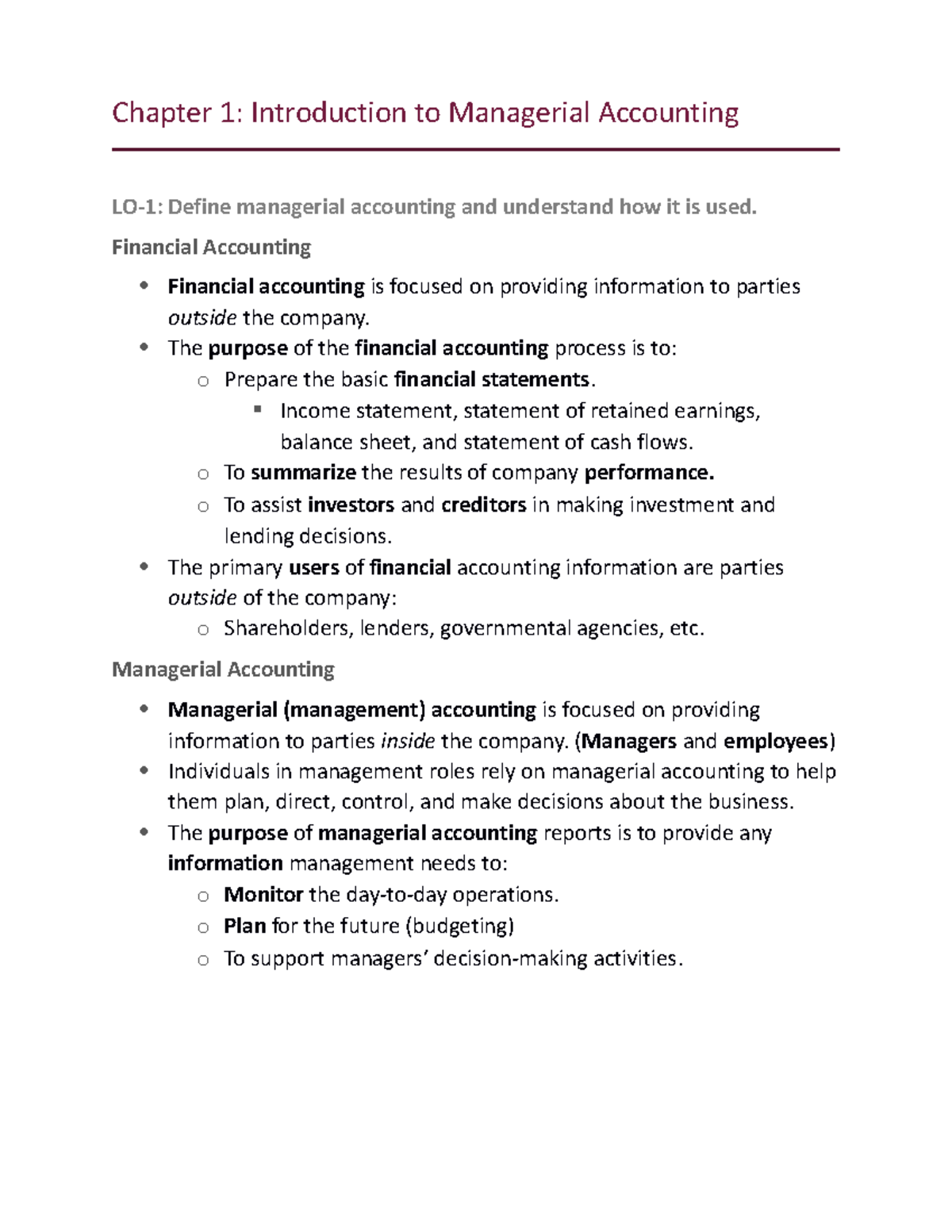 M-1 accounting II notes - Chapter 1: Introduction to Managerial ...