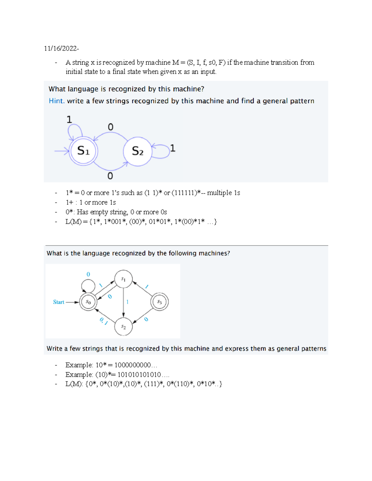 Lec 20 - Lecture and Book notes - 11/16/2022- A string x is recognized ...