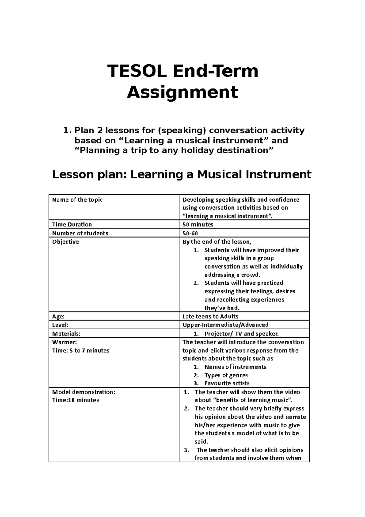 Tesol End term assignment - TESOL End-Term Assignment 1. Plan 2 lessons ...