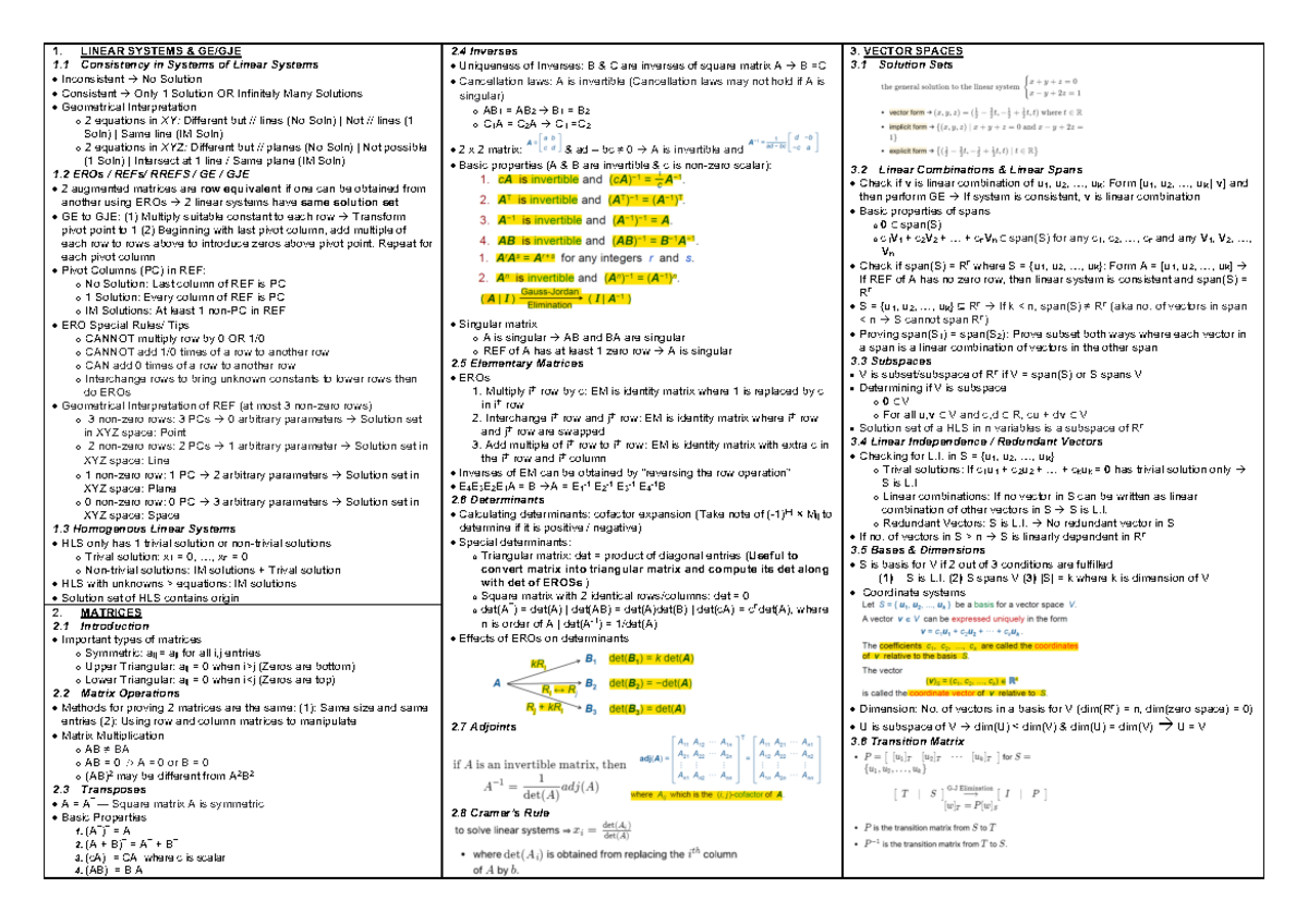 MA2001 Cheatsheet - 1. LINEAR SYSTEMS & GE/GJE 1 Consistency in Systems ...