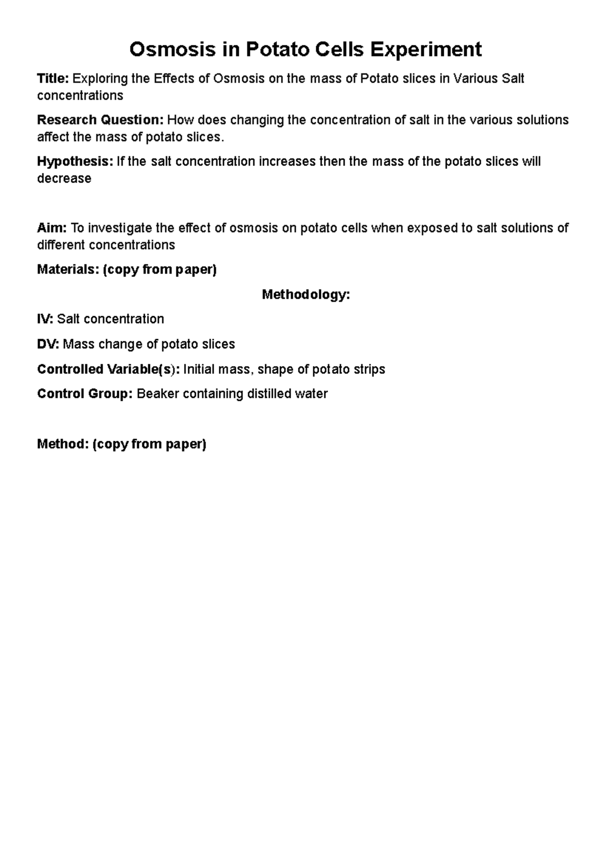 Osmosis in Potato Cells Experiment SAC - Osmosis in Potato Cells ...